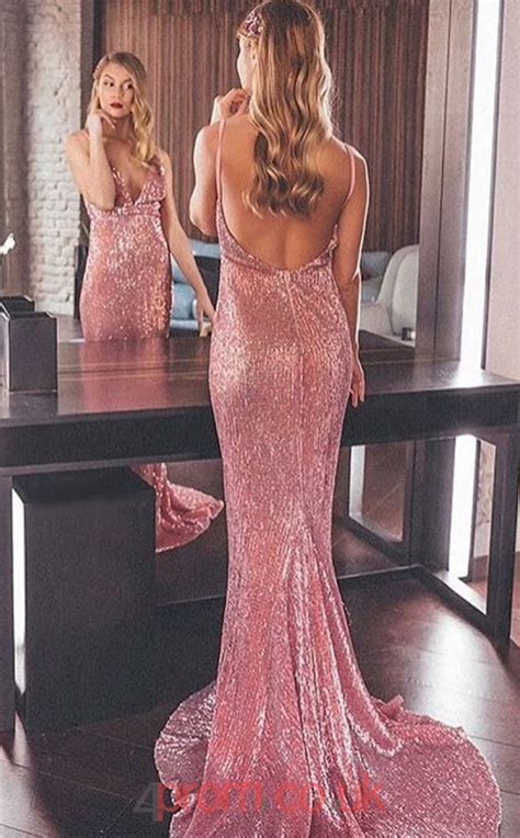 Pink Sequined Trumpetmermaid V Neck Sweep Train Sex Prom Dressjt3834