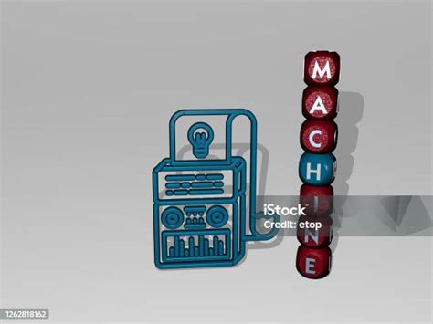 개념 의미와 슬라이드 쇼 프리젠 테이션을위해 거울 바닥에 금속 입방 문자로 정렬 된 벽과 텍스트에 아이콘이있는 기계의 3d 표현 일러스트 및 배경 0명에 대한 스톡 사진 및