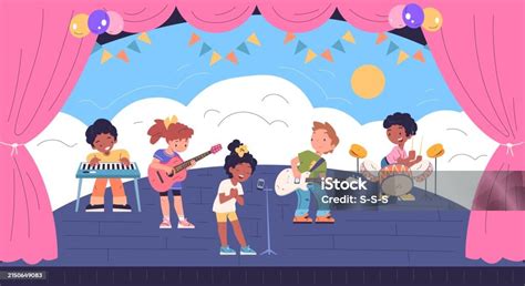 무대 위의 키드 밴드 재능있는 어린이 음악 그룹 마이크에서 노래 연주 악기 연주 콘서트 학교 극장 어린이 재능 축제 고급 벡터 일러스트 레이 션 Theatrical