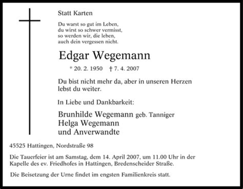 Traueranzeigen Von Edgar Wegemann Trauer In Nrw De