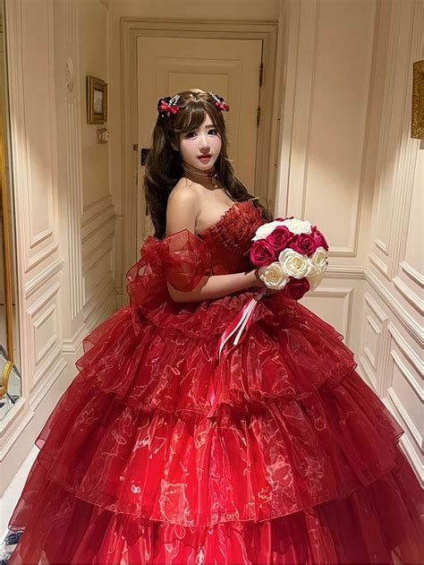 Red Pastel Hanayome Multi Layered Tulle Skirt Hime Dress Prom Gown