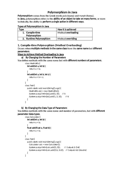 Java Polymorphism Lecture Notes Understanding Forms And Methods Studocu