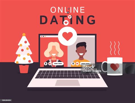 남자와 여자와 온라인 데이트 응용 프로그램 개념 노트북 화면에 흰색 금발 여자와 아프리카 남자와 플랫 벡터 일러스트 개념에 대한 스톡 벡터 아트 및 기타 이미지 Istock