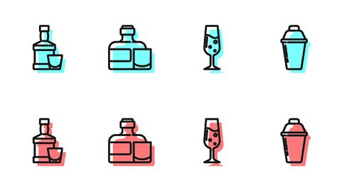 세트 라인 샴페인 위스키 병과 유리 칵테일 셰이커 아이콘 벡터 강철에 대한 스톡 벡터 아트 및 기타 이미지 강철 공란 금속 Istock