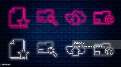폴더가 있는 라인 검색 개념 클라우드 업로드 별표가 있는 문서 별표가 있는 문서 폴더를 설정합니다 벽돌 벽에 빛나는 네온 아이콘 벡터 1위에 대한 스톡 벡터 아트 및 기타