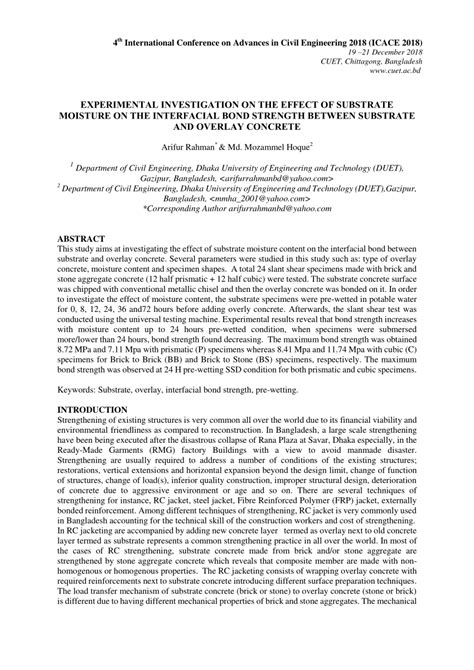 Pdf Experimental Investigation On The Effect Of Substrate Moisture On The Interfacial Bond