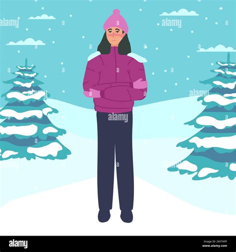 Woman Froze Frostbite Concept Banner Cartoon Illustration Of