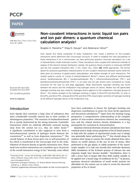 Pdf Non Covalent Interactions In Ionic Liquid Ion Pairs And Ion Pair