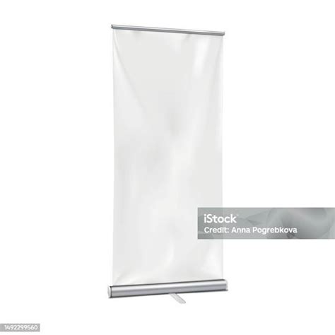 흰색 빈 롤업 개폐식 배너 스탠드 벡터 모형 수직 팝업 롤러 전시회는 사실적인 모형을 표시합니다 디자인용 템플릿 3차원 형태에 대한 스톡 벡터 아트 및 기타 이미지 Istock