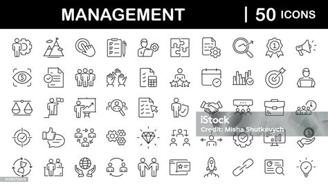 선 스타일의 웹 아이콘의 비즈니스 관리 집합입니다 웹 및 모바일 앱에 대한 관리 아이콘입니다 미디어 팀워크 비전 미션 비즈니스 계획 전략 마케팅 벡터 그림 개념에 대한 스톡