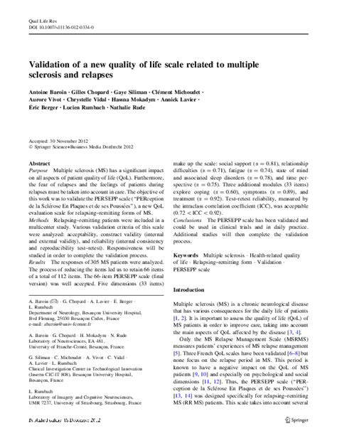 Pdf Validation Of A New Quality Of Life Scale Related To Multiple Sclerosis And Relapses