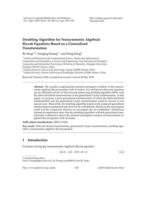 Global Science Press Doubling Algorithm For Nonsymmetric Algebraic Riccati Equations Based On A