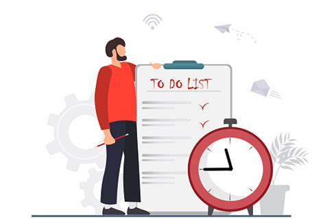연필 월 스케줄링 목록 시간 관리 개념 계획 완료 작업 완료 시간표 체크 리스트 계획 일정 개념 플랫 벡터 일러스트레이션을 가진 목록을 할 근처에 서있는 남자 개념에 대한