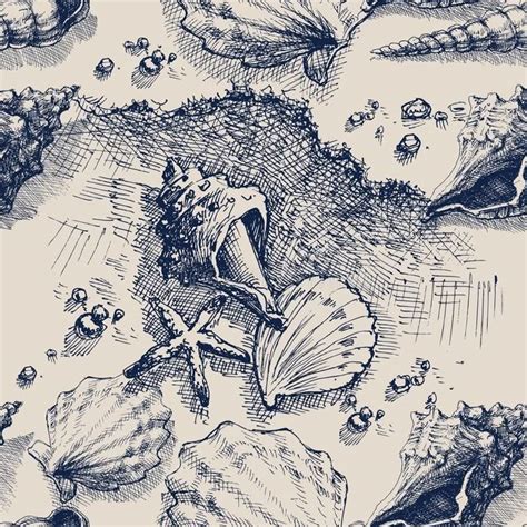 Beach Seamless Pattern Sand And Sea Shells Monochrome Graphic Design
