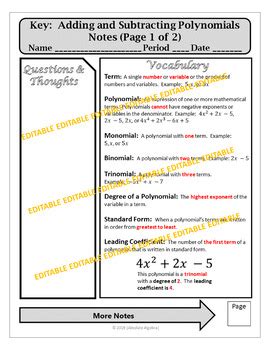 Adding Subtracting Polynomials Notes Practice Homework Editable U