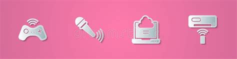 Set Paper Cut Wireless Gamepad Microphone Network Cloud Connection And Air Conditioner Icon