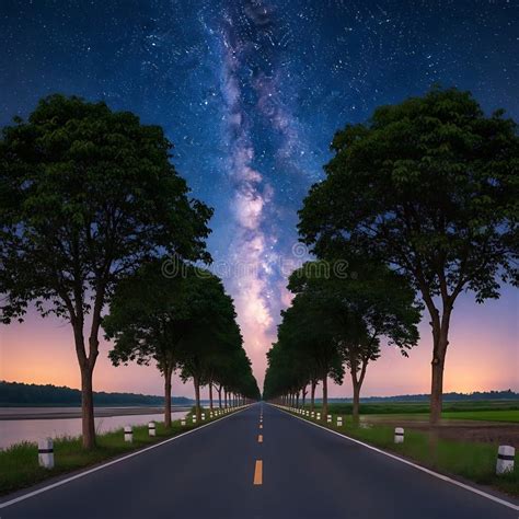 Long Deserted Road Lined With Trees Leading Toward A Stunning Vibrant