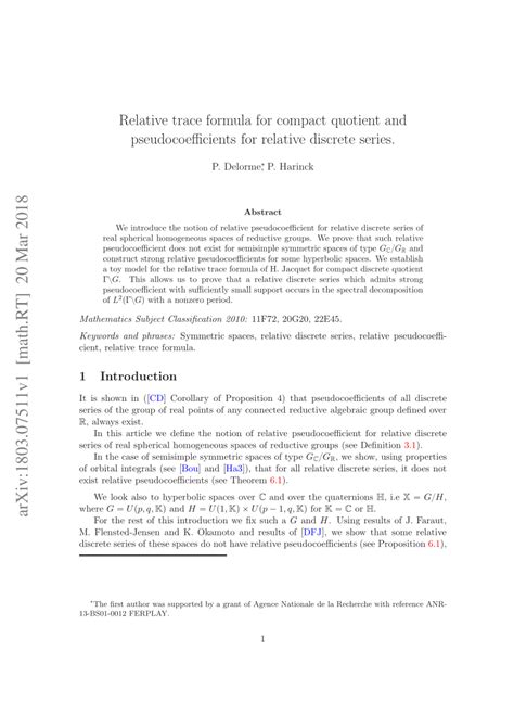 Pdf Relative Trace Formula For Compact Quotient And Pseudo Coefficients For Relative Discrete