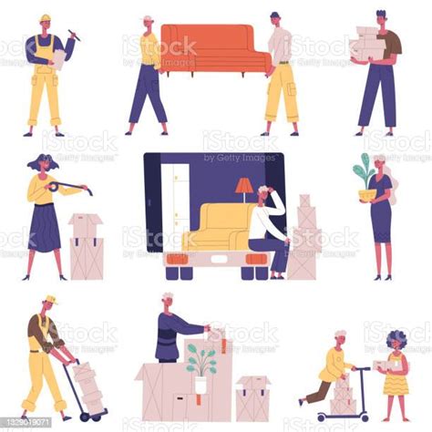 이동 하는 사람들 이동 재배치 배달 서비스 문자 가구와 골판지 상자 벡터 일러스트 세트를 들고있는 사람들 새 집 이사 나름에 대한 스톡 벡터 아트 및 기타 이미지 Istock