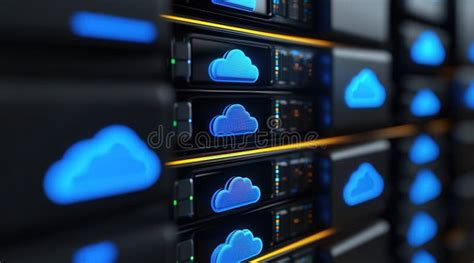 Cloud Computing Data Center With Glowing Blue Cloud Icons On Servers