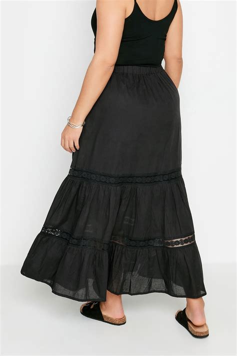 Yours Plus Size Black Tiered Lace Cotton Maxi Skirt Yours Clothing