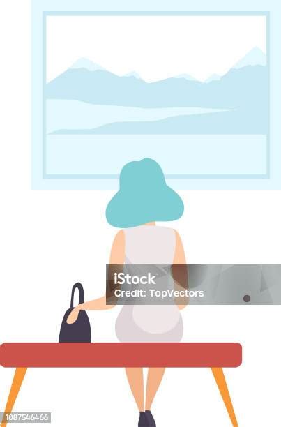 젊은 여 자가 벤치에 앉아서 벽 아트 갤러리 다시 보기 벡터 일러스트 레이 션 박물관 전시를 보는 전시회 방문자에 매달려 그림을 보고 고대의에 대한 스톡 벡터 아트 및 기타