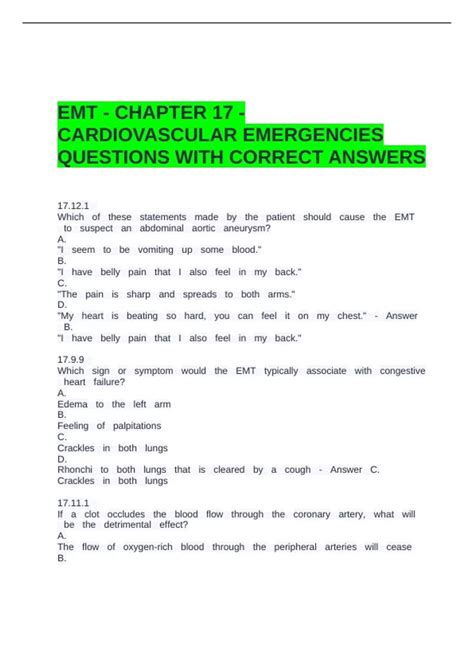Emt Chapter 17 Cardiovascular Emergencies Questions With Correct Answers Pre Hospital