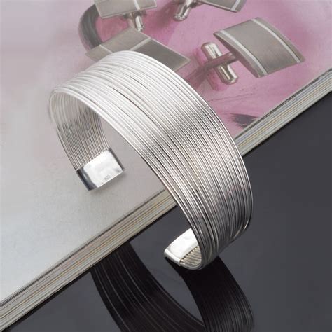 925 Sterling Solid Silver Bangle Multiple Line Cuff Womens Fashion
