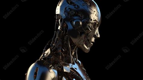 isolated 3d rendering of cyborg or ai robot conducting analysis on black powerpoint background