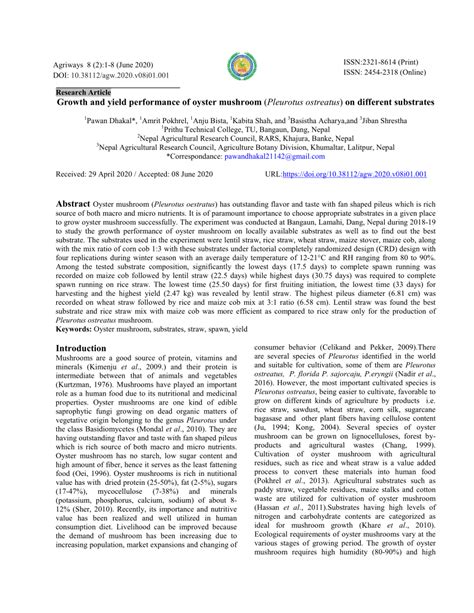 Pdf Growth And Yield Performance Of Oyster Mushroom Pleurotus