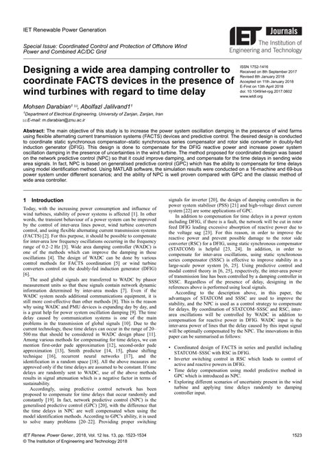 Pdf Designing A Wide Area Damping Controller To Coordinate Facts Devices In The Presence Of