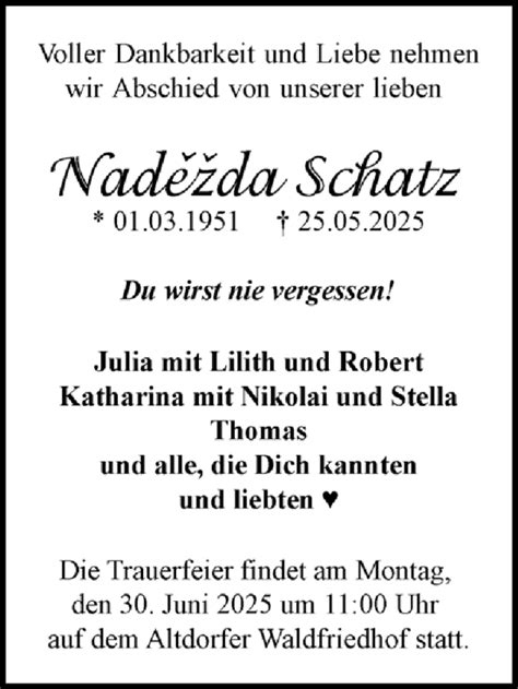 Traueranzeigen Von Nadezda Schatz Trauernnde