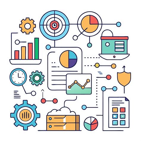 Colorful Infographic Showing Gears Bar Charts Pie Charts And A Server