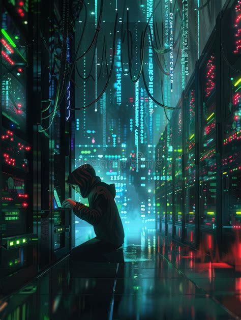 a lone hacker sits focused in a dimly lit data center surrounded by