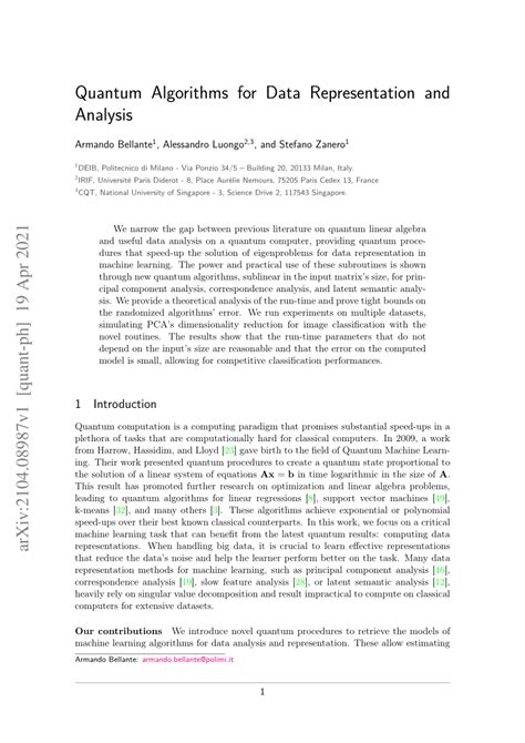 Pdf Quantum Algorithms For Data Representation And Analysis