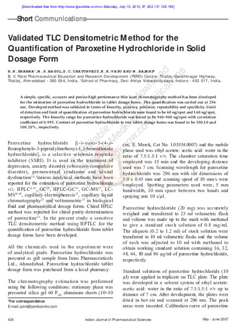 Pdf Validated Tlc Densitometric Method For The Quantification Of Paroxetine Hydrochloride In