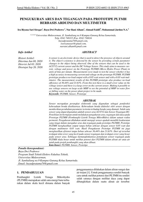 Pdf Pengukuran Arus Dan Tegangan Pada Prototipe Pltmh Berbasis Arduino Dan Multimeter