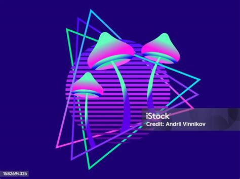 80년대 복고풍 미래 지향적인 스타일로 해질녘에 형광등으로 빛나는 버섯 레이브 파티 그라디언트 생물 발광 버섯 긴 줄기에 환각 성 버섯 생물 발광 곰팡이 벡터 그림 1980