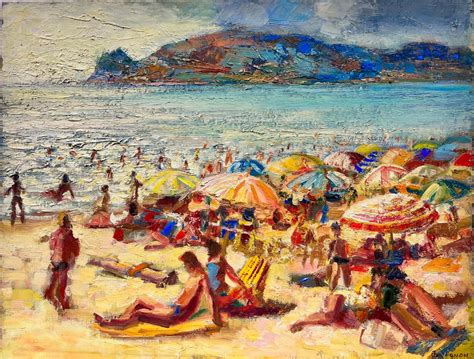 Josine Vignon 20th French Post Impressionist Oil Busy Summer Beach