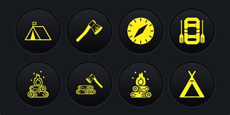 세트 캠프 파이어 래프팅 보트 나무 도끼와 나무 나침반 관광 텐트와 플래그 아이콘 벡터 강에 대한 스톡 벡터 아트 및 기타 이미지 Istock