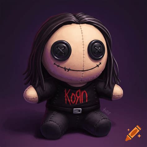 A Plush Doll With Dark Hair And Button Eyes Wears A Black Shirt With The Red Korn Logo On Craiyon