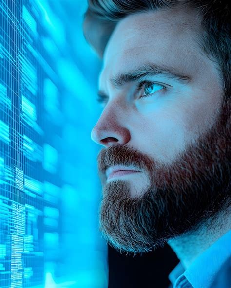 Focused Man Analyzing Digital Data On A Screen Premium Ai Generated Image