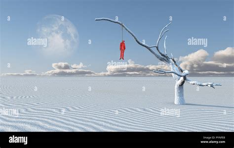 Surreal White Desert Man In Red Suit Hanged On A Dry Tree Stock Photo Alamy