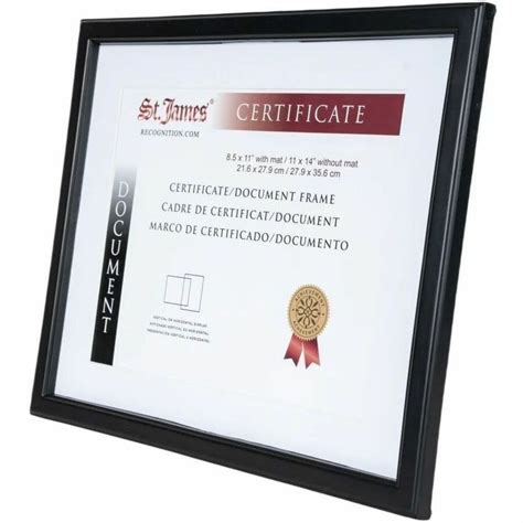 St James® Certificate Document Diploma Frame 8 5x11 With Mat Or 11x14 Without Mat Black