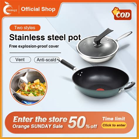 Orange Kuali Pan Premium 304 Stainless Steel Non Stick Honey Comb Wok Double Frying Grill Pan
