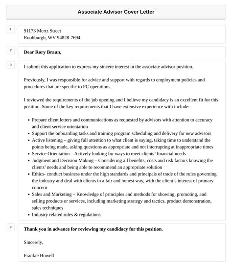 Associate Advisor Cover Letter Velvet Jobs