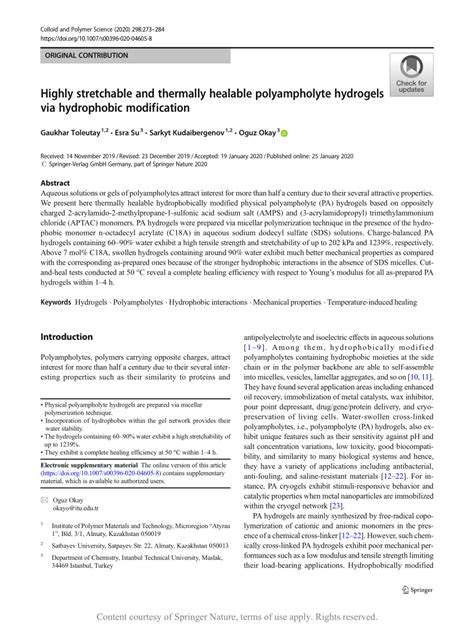 Highly Stretchable And Thermally Healable Polyampholyte Hydrogels Via Hydrophobic Modification