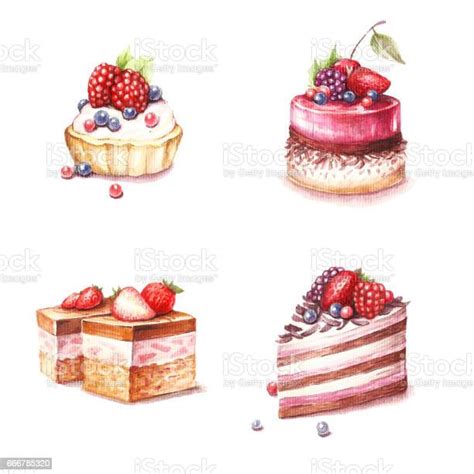 케이크의 다른 종류의 집합입니다 손으로 그리는 수채화 그림 가루 설탕에 대한 스톡 벡터 아트 및 기타 이미지 가루 설탕 개체 그룹 거품 내기 Istock