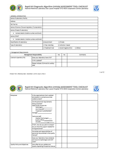 Rhivda F 001 Assessment Tool Checklist Pdf Laboratories Diagnosis Of Hivaids