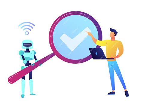 Premium Vector Robot With Magnifier And Programmer With Laptop Vector Illustration